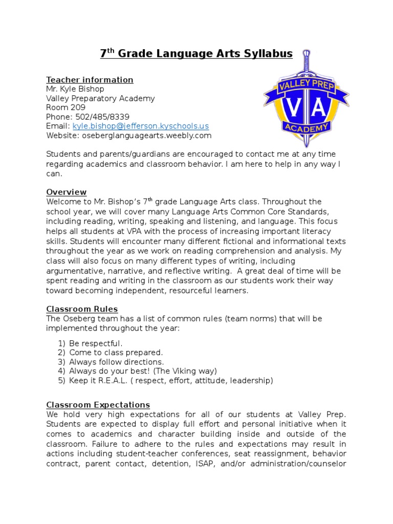 7th Grade Language Arts Syllabus | PDF | Classroom | Reading (Process)
