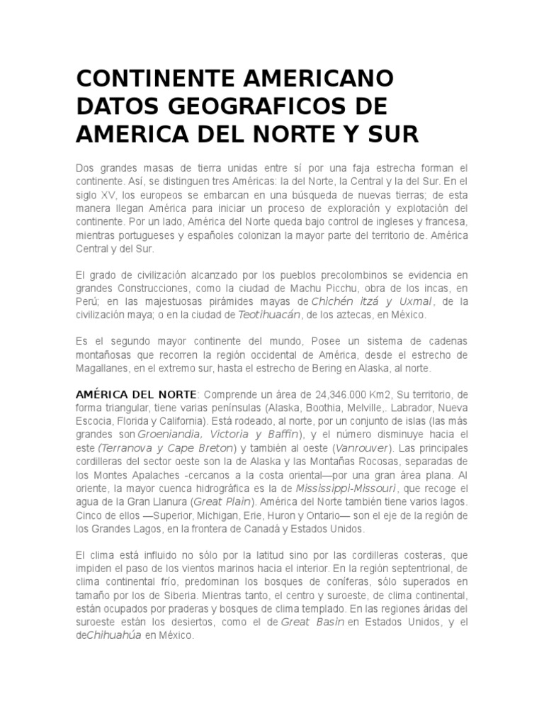 Continente Americano Datos Geograficos de America Del Norte y Sur | PDF ...