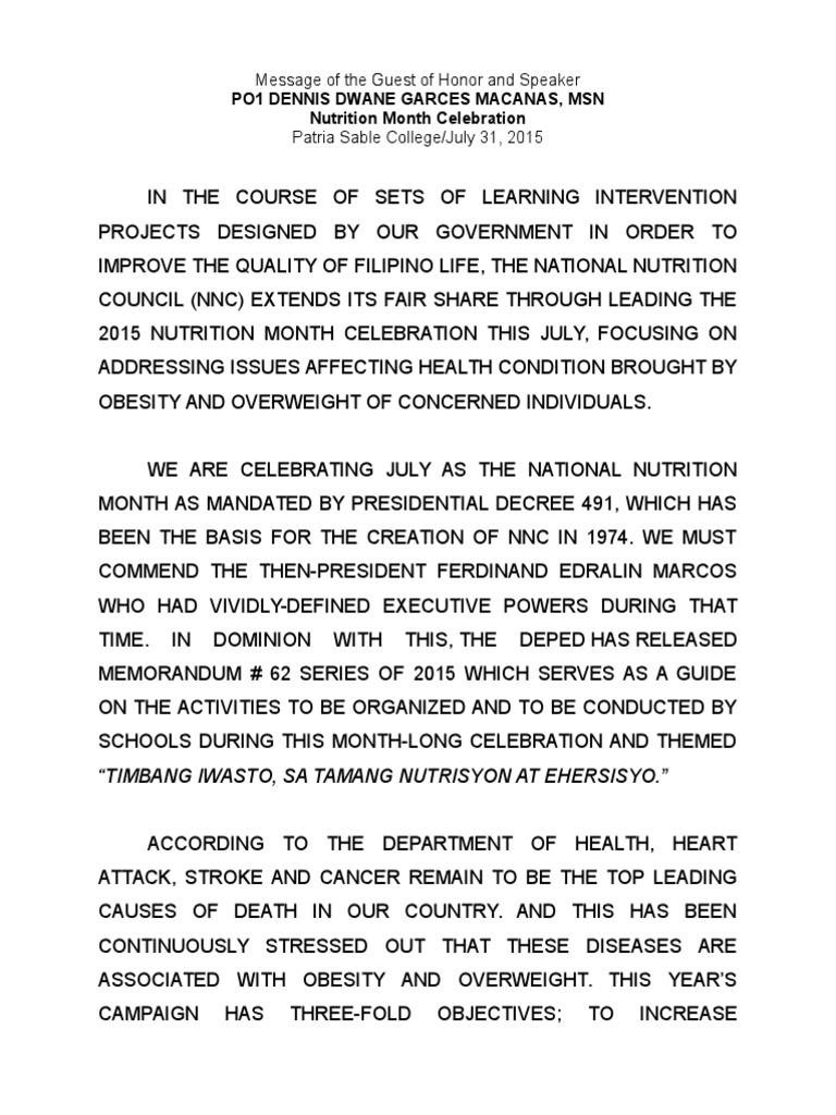 Nutrition Month Celebration Message | PDF | Foods | Nutrition