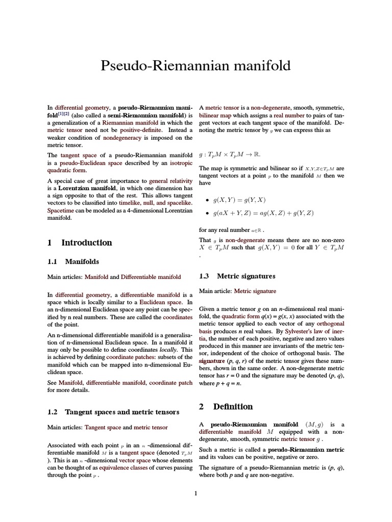 Pseudo Riemannian Manifold | PDF | Geometric Topology | Topological Spaces