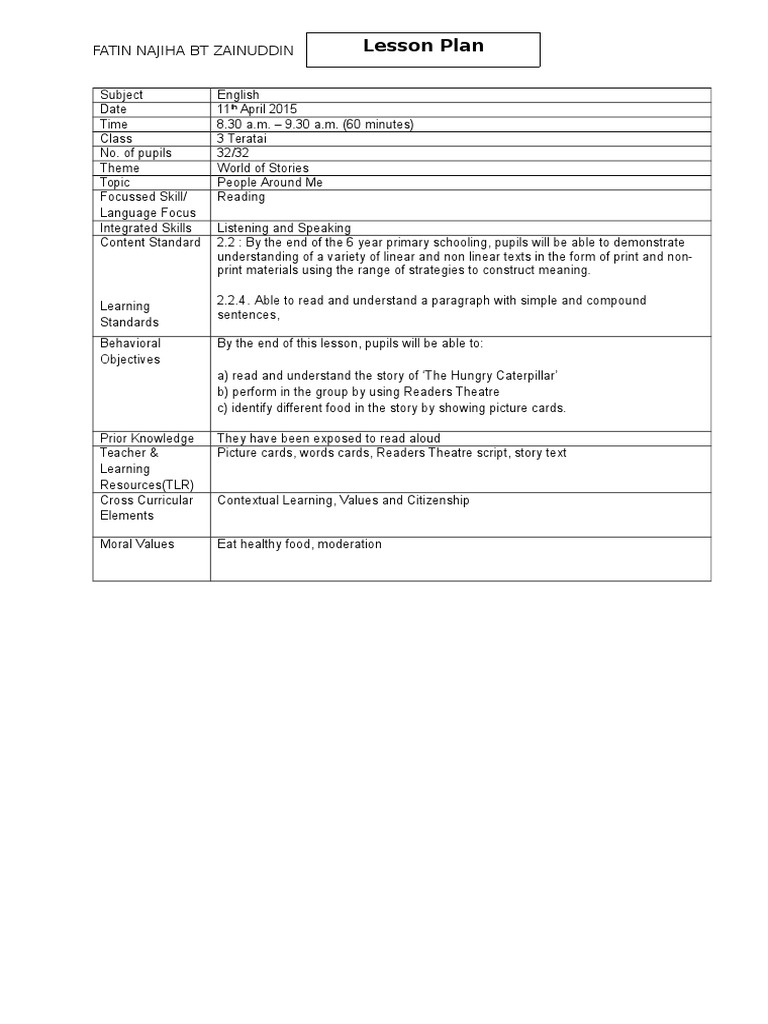 Reading Lesson Plan - Hungry Caterpillar | PDF | Reading (Process ...