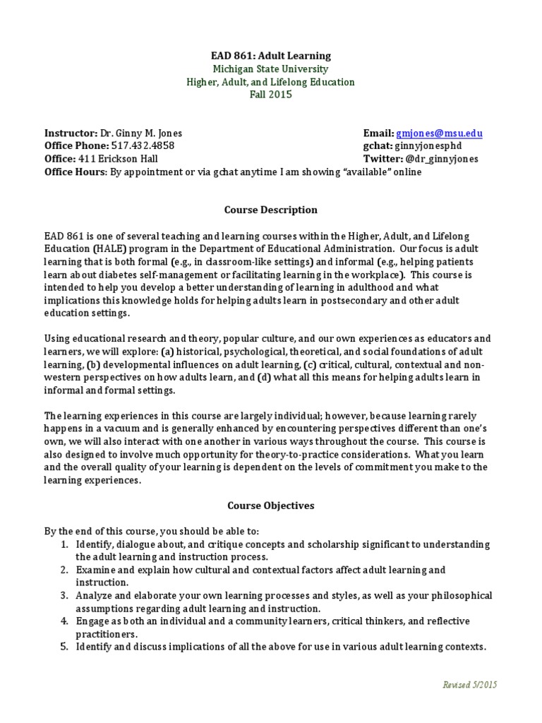 Adult Learning Syllabus MSU | PDF | Narrative | Apa Style