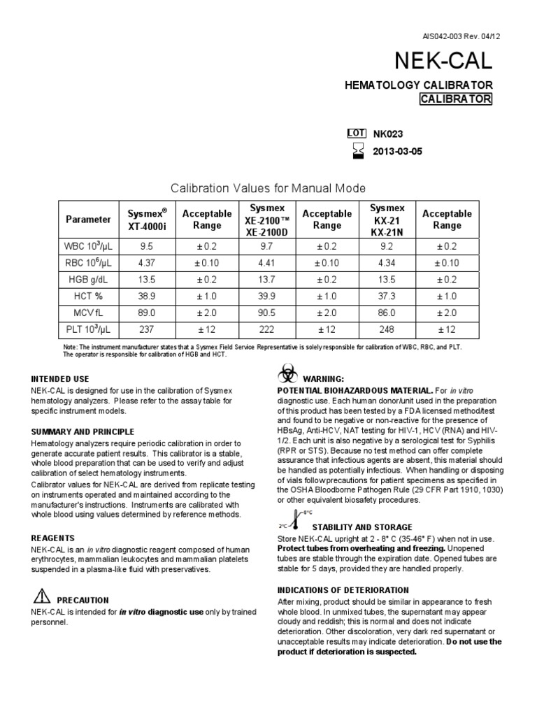 SYSMEX CALIBRATOR CHART | Assay | Calibration