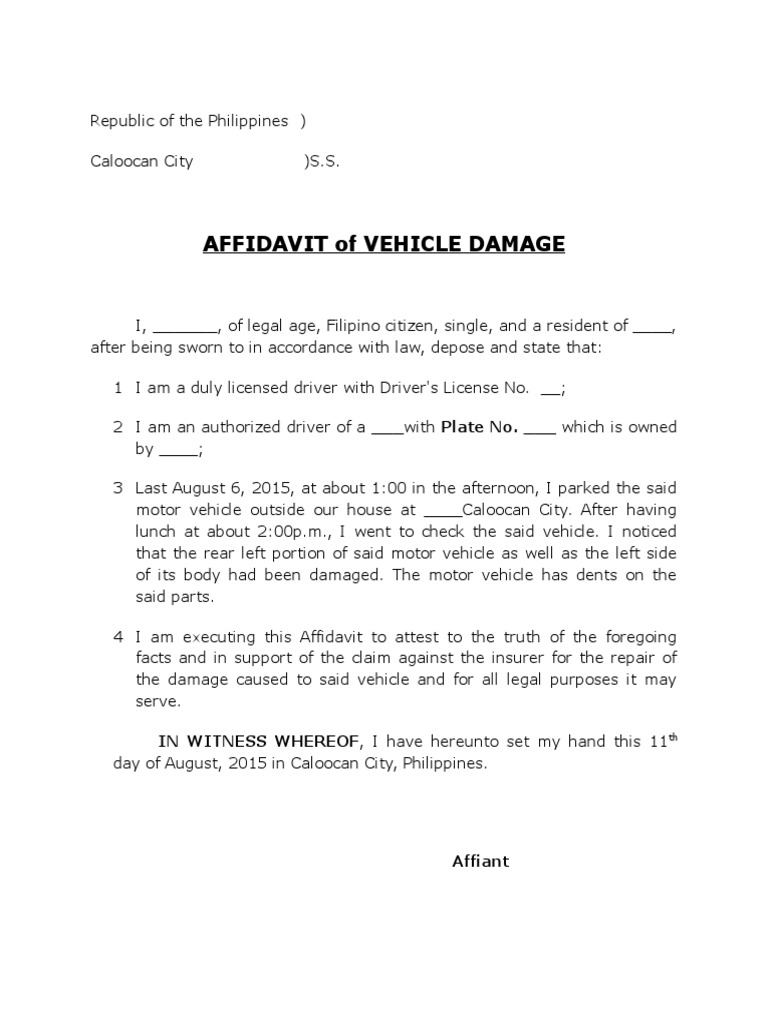 Affidavit of Damage To Vehicle | PDF | Affidavit | Land Vehicles