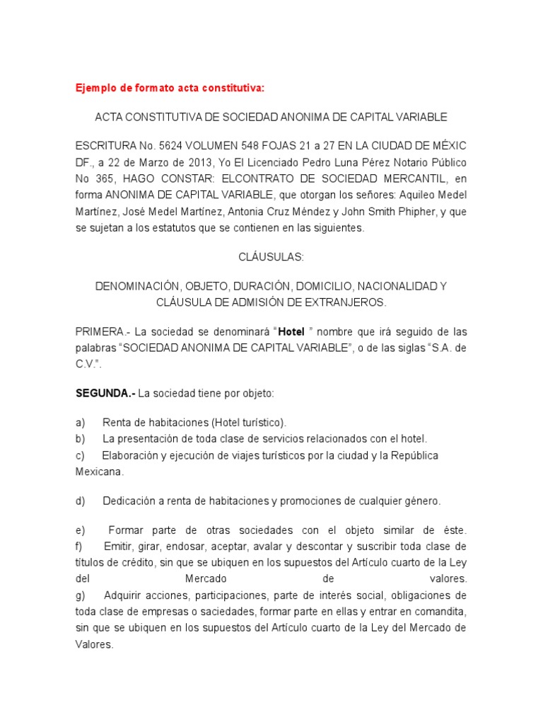 Ejemplo de Formato Acta Constitutiva | Descargar gratis PDF | Liquidación | Compartir (Finanzas)