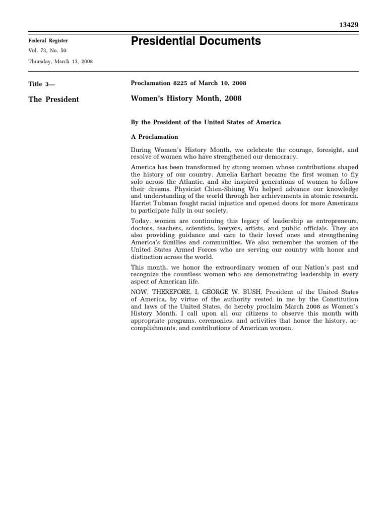 Women's History Month Proclamation 2008 | PDF | Presidents Of The ...