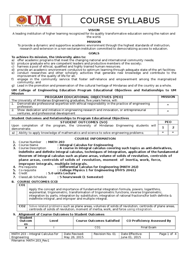 Course Syllabus MATH 203 - Rev1 | PDF | Integral | Trigonometric Functions