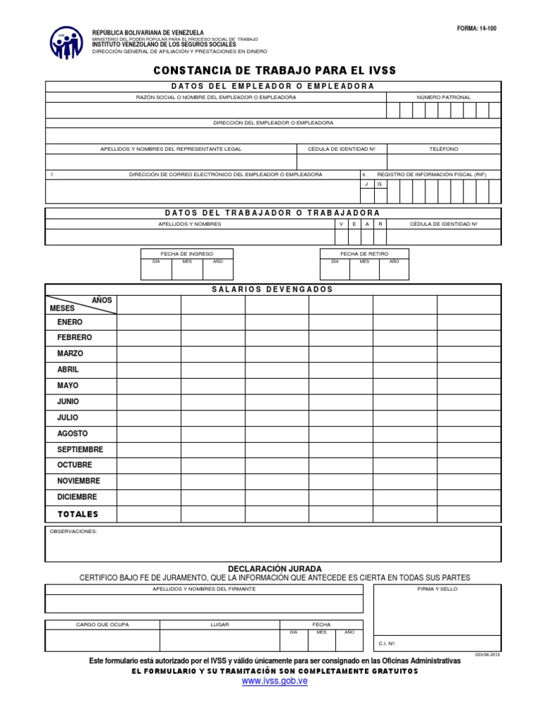 Instrucciones para la Planilla 14-100 IVSS | PDF