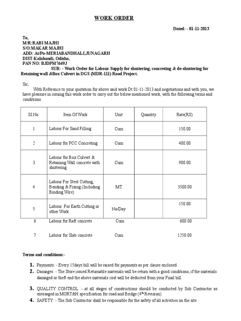 Work Order Formate | Construction Aggregate | General Contractor