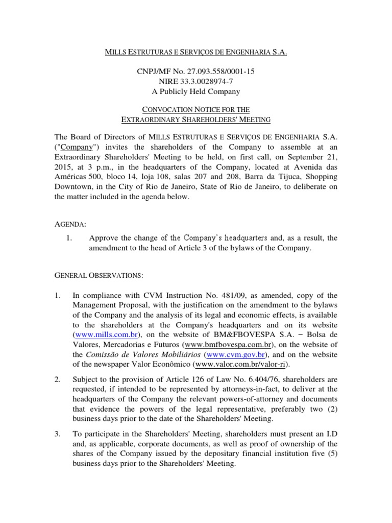 EGM - Convening Notice | PDF | Finance & Money Management