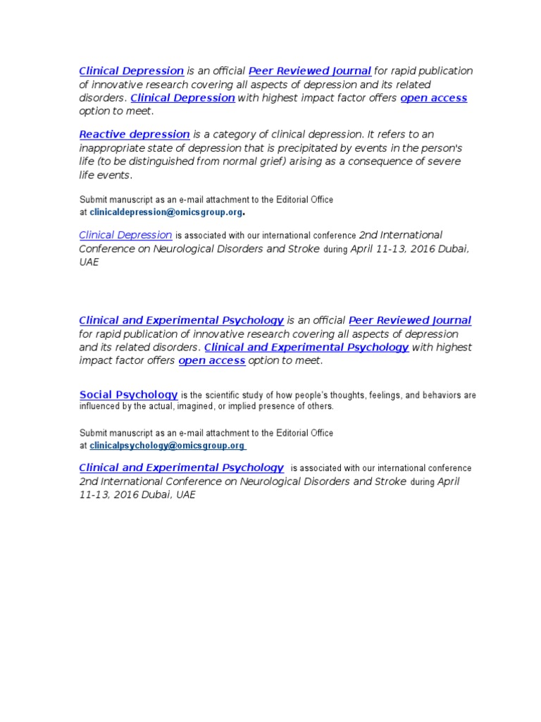 Clinical Depression Peer Reviewed Journal Clinical Depression Open ...