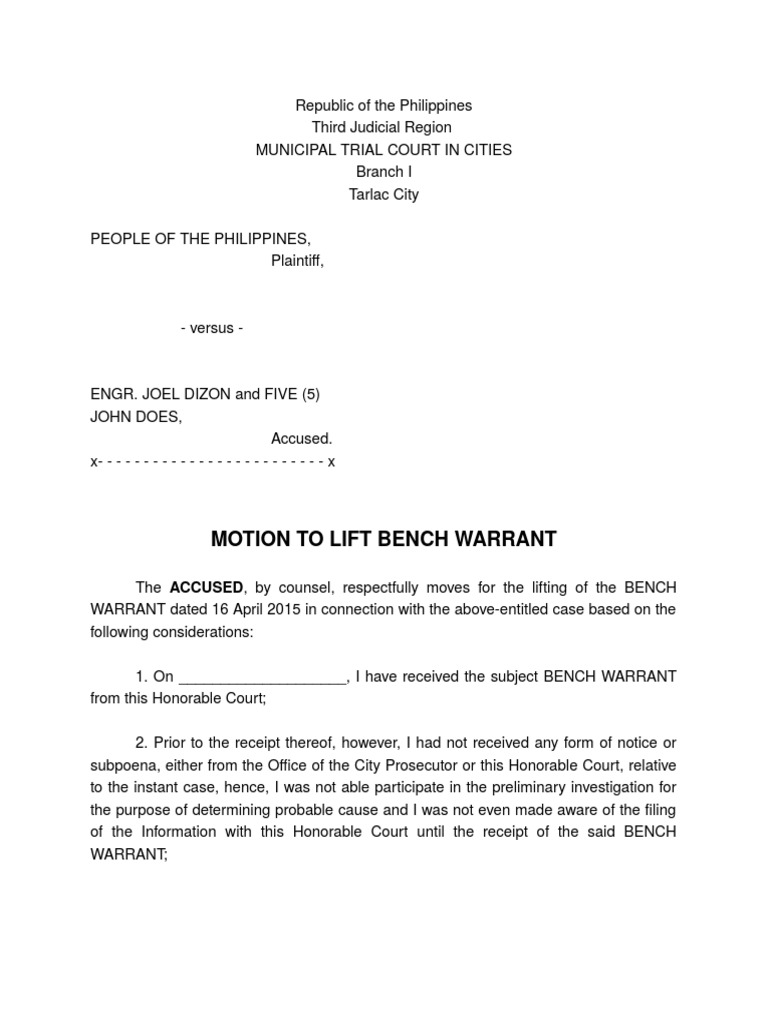 Motion to Lift Bench Warrant | PDF