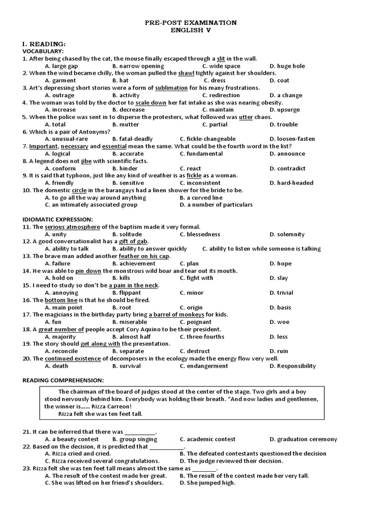 Grade 5 English Pre Assessment | PDF | Planets | Atmosphere