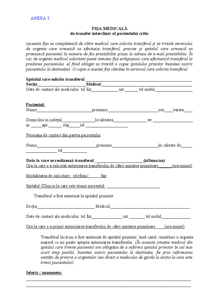 ANEXA 3 Fisa Medicala de Transfer Inter Clinic Al Pacientului Critic | PDF