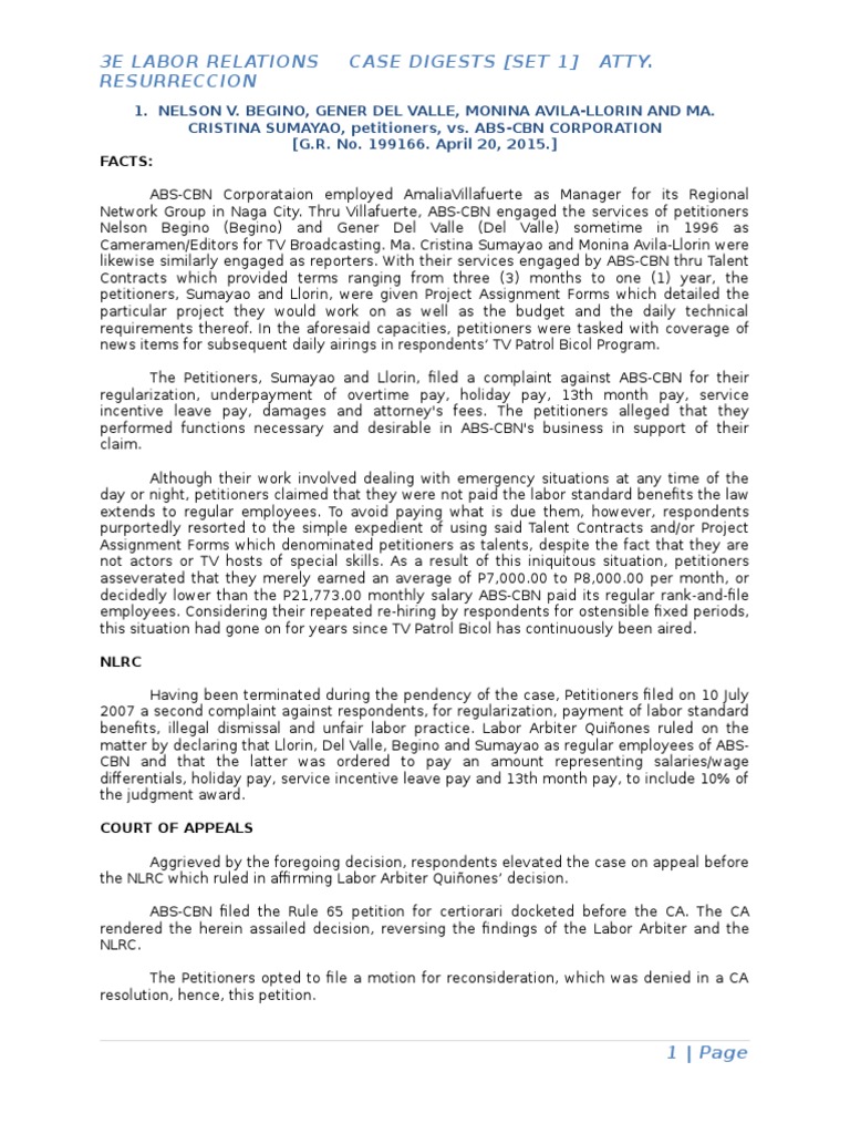 Labrel Case Digests (Set 1) | PDF | Employment | Evidence (Law)