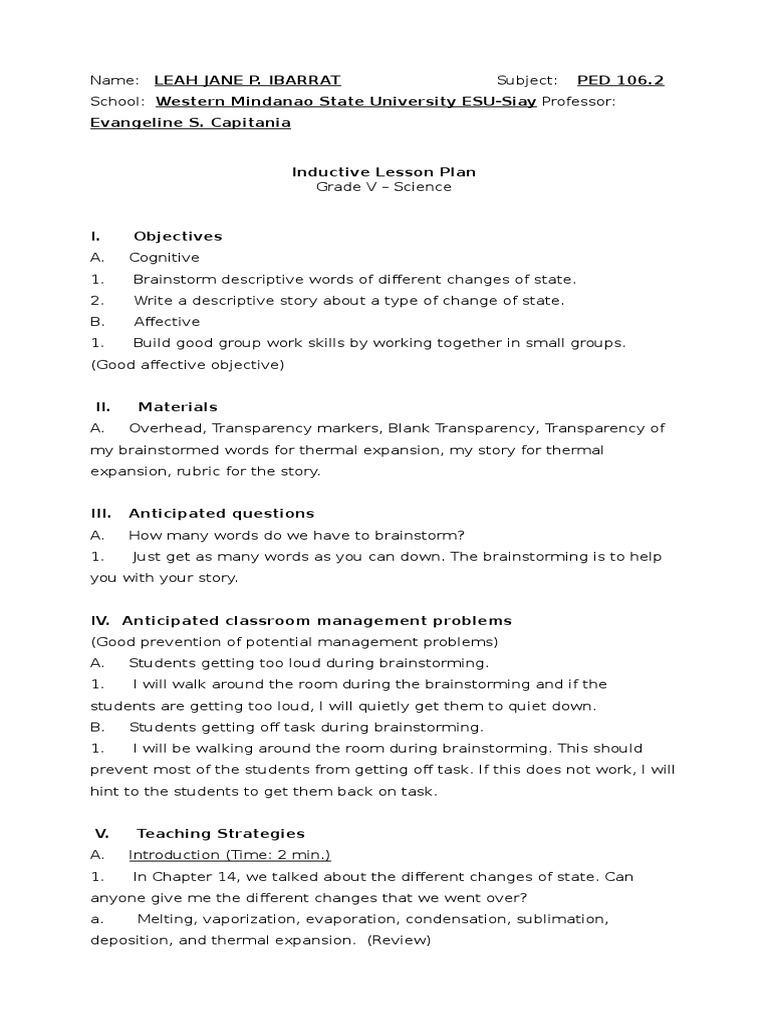 Inductive Lesson Plan | PDF | Brainstorming | Thermal Expansion