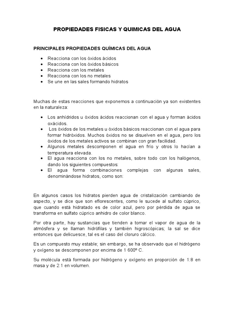 Propiedades Fisicas y Quimicas Del Agua | PDF | Hidrógeno | Agua