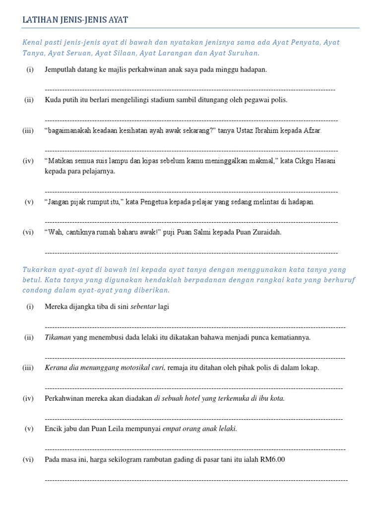 Latihan Jenis Ayat Tukar Ayat Penyata Ke Ayat Tanya Pdf