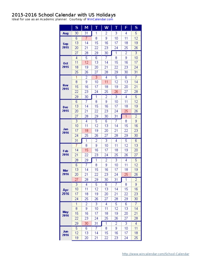 2015-2016 School Calendar & Holidays | PDF