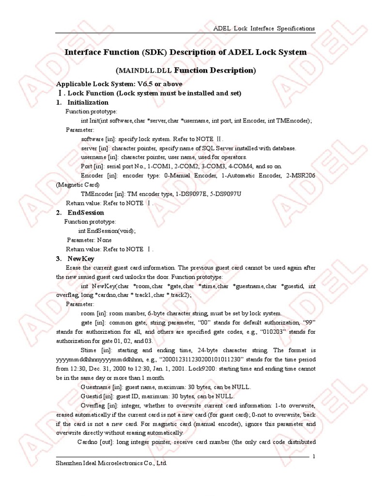 ADEL Lock System Interface Function (SDK) Manual | PDF | Pointer (Computer Programming ...