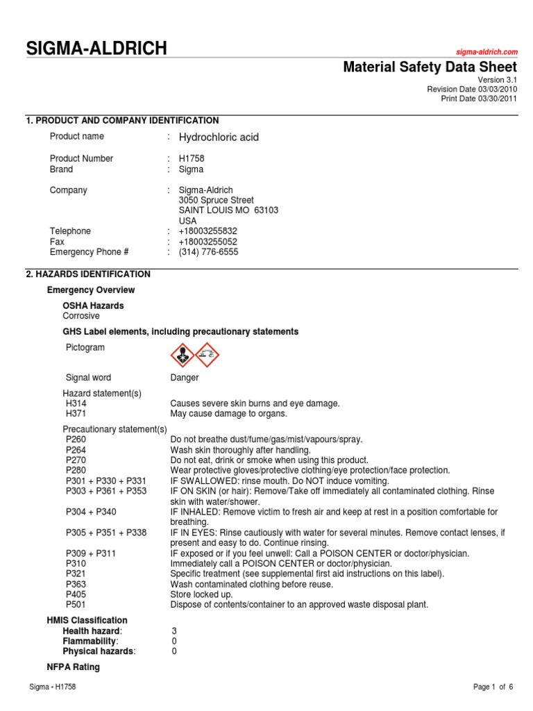 HCL Safety Data Sheet | PDF | Toxicity | Carcinogen