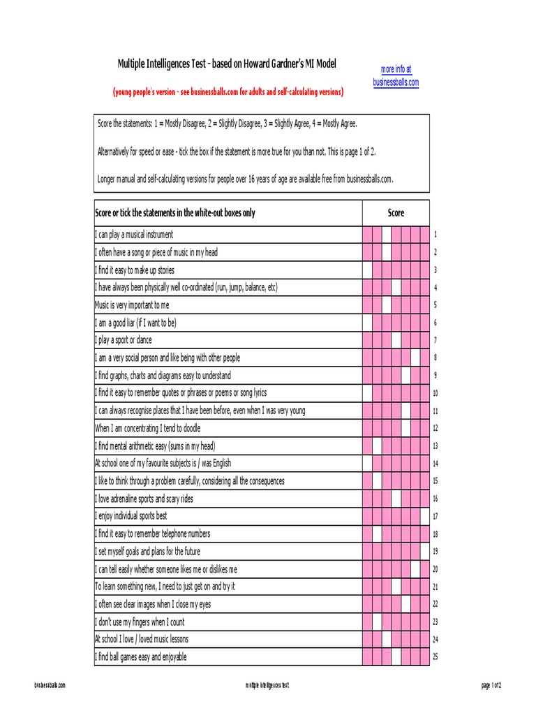 Multiple Intelligences Test | PDF | Self-Improvement