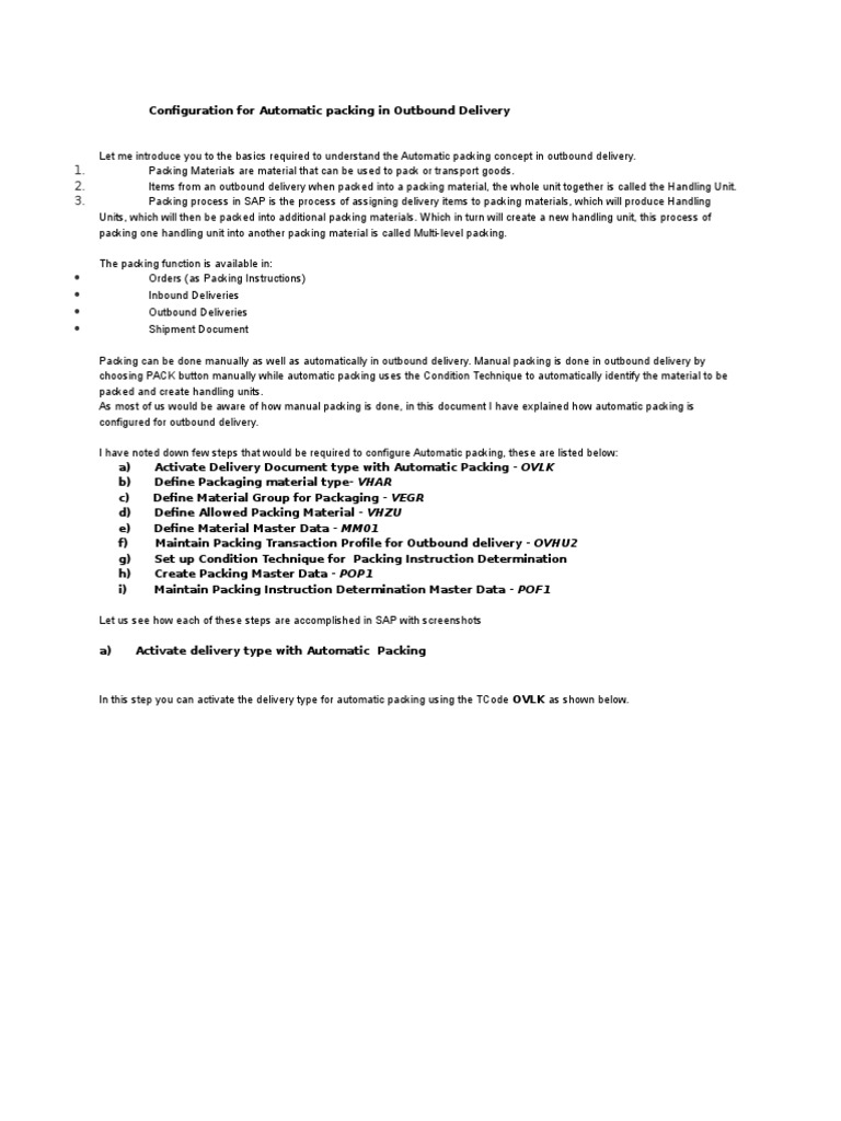 Configuration For Automatic Packing in Outbound Delivery | PDF ...
