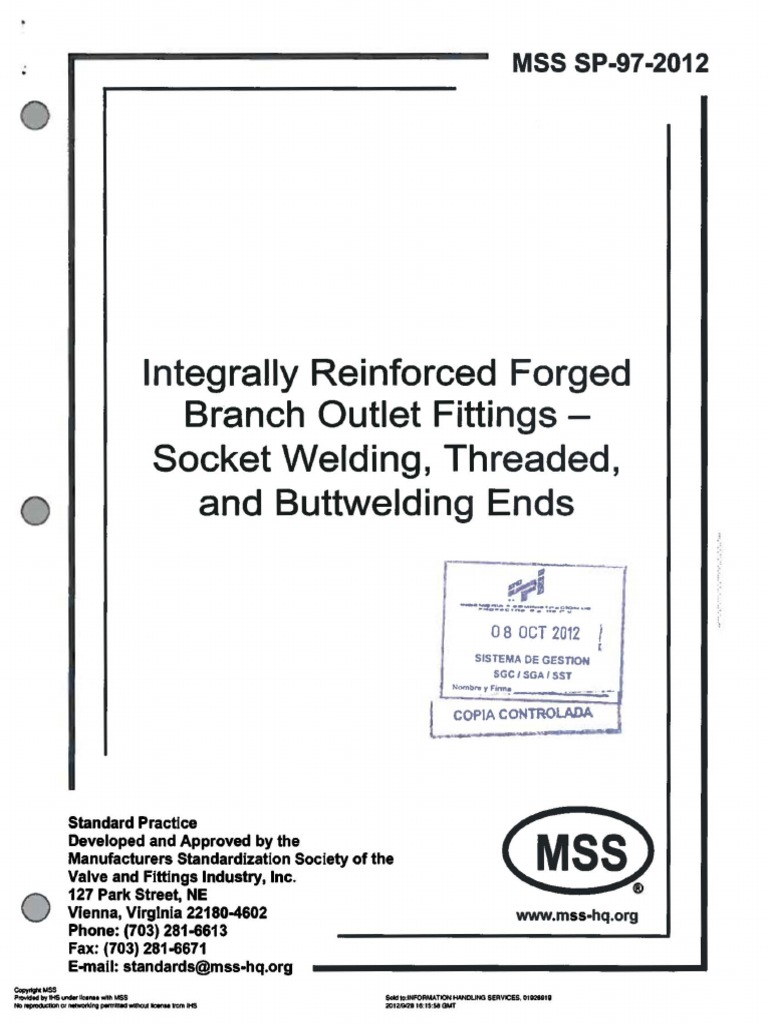 MSS SP-97 2012 Integrally Reinforced Forged Branch Outlet Fittings ...