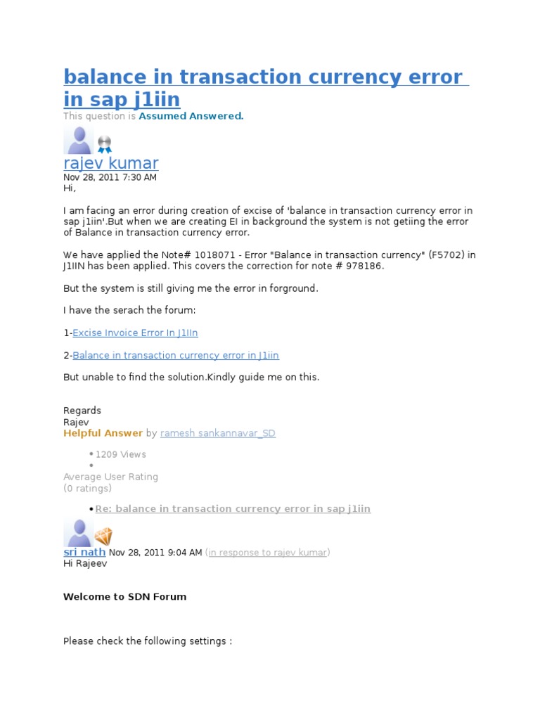 SAP J1IIN Balance Currency Error Fix | PDF | Excise | Taxation
