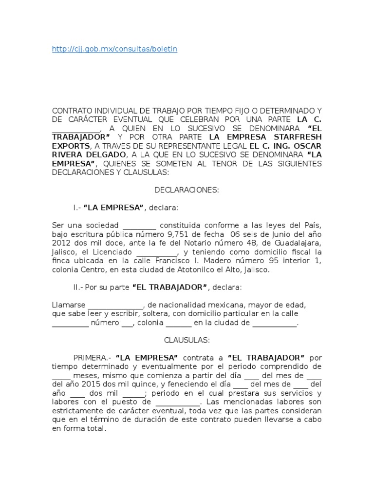 Contrato De Trabajo Ejemplos Y Formatos Word Y Pdf Para Imprimir ...