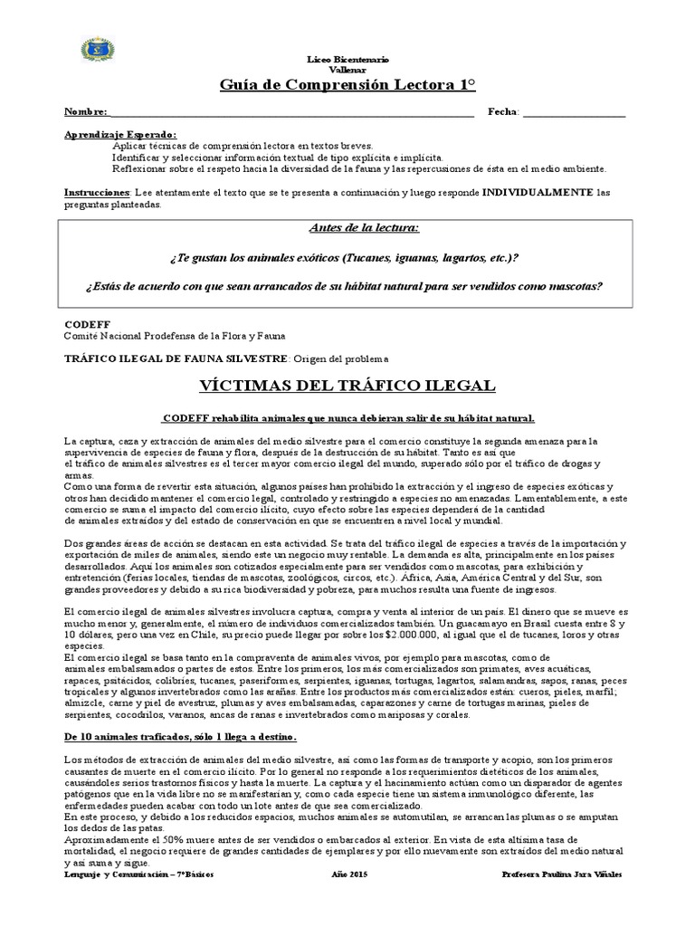 1. Tráfico de Animales | Mascota | Comprensión lectora