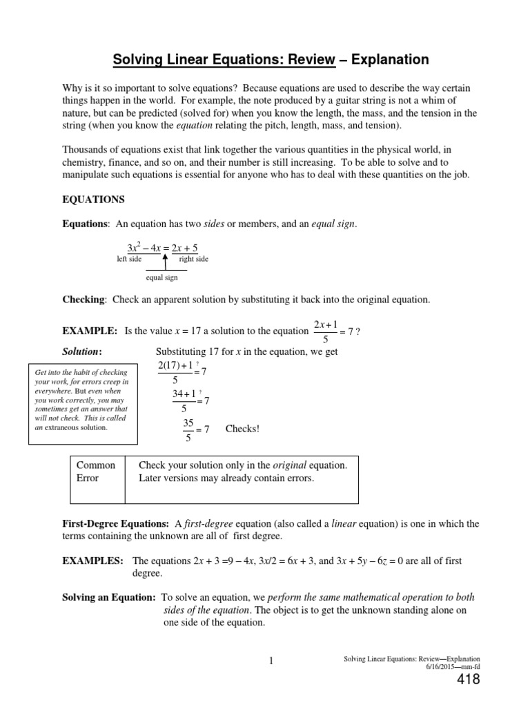 2011-Solving Linear Equations Review - Explanation | PDF | Fraction ...