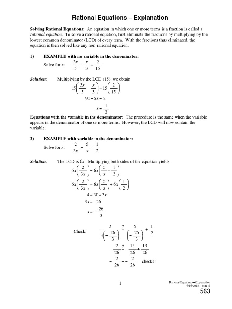 Solving Rational Equations Explained | PDF | Fraction (Mathematics ...