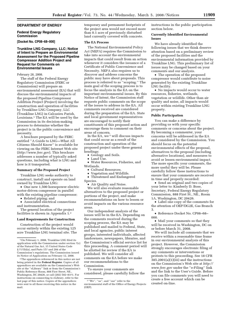 Trunkline LNG Pipeline Project EA Notice | PDF | Environmental Impact ...