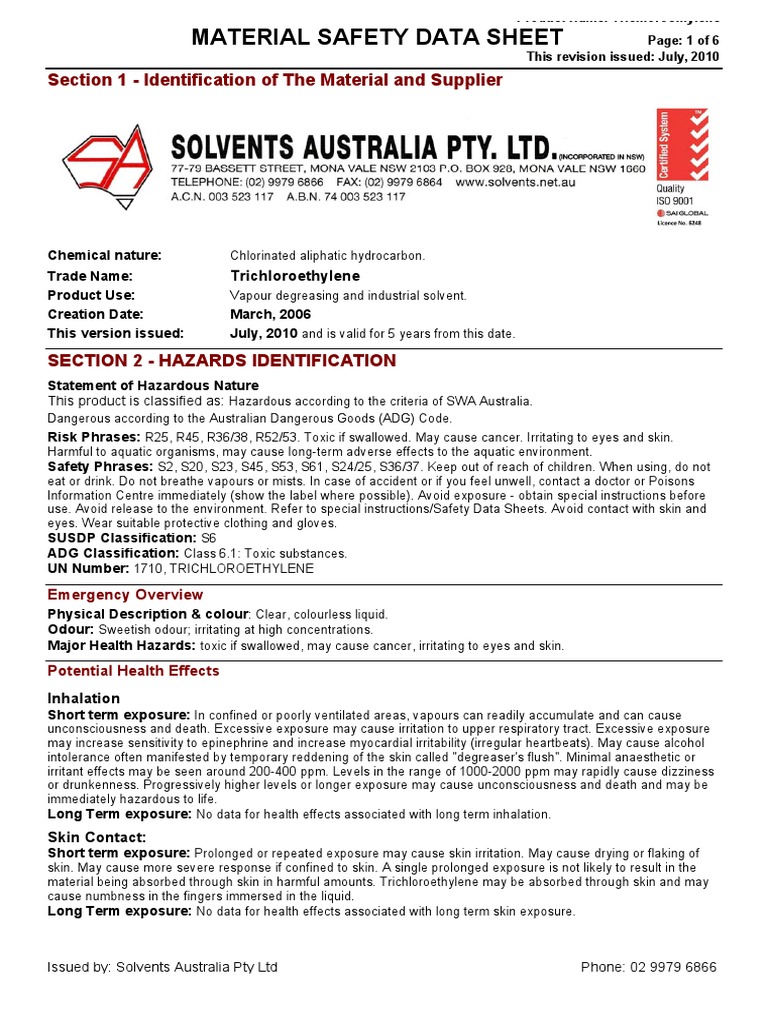TCE Solvents MSD | PDF | Dangerous Goods | Chemistry