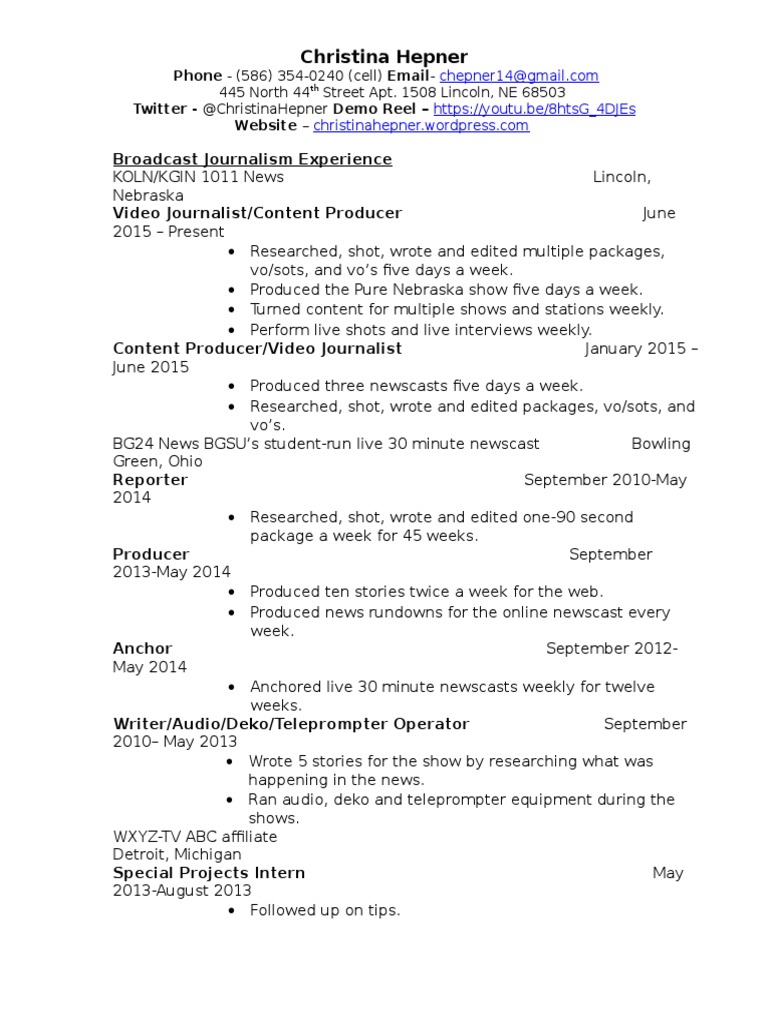 Christina Hepner: Broadcast Journalist Profile | PDF