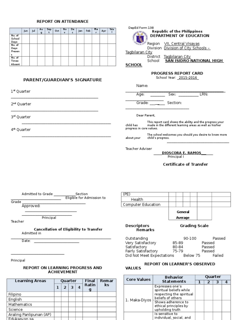 Report On Attendance: Parent/Guardian'S Signature | PDF