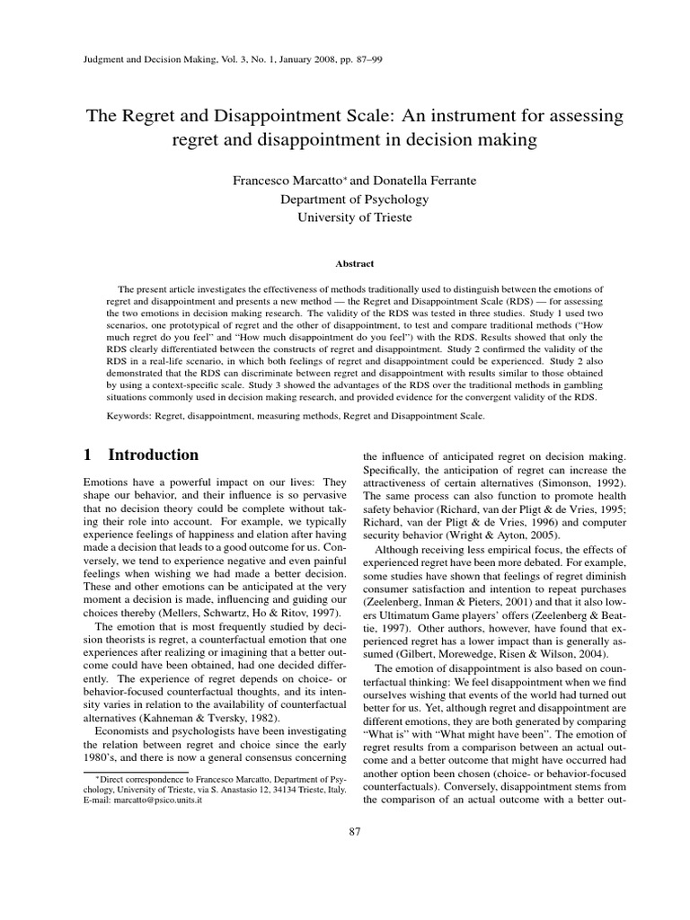 The Regret and Disappointment Scale: An Instrument For Assessing Regret ...