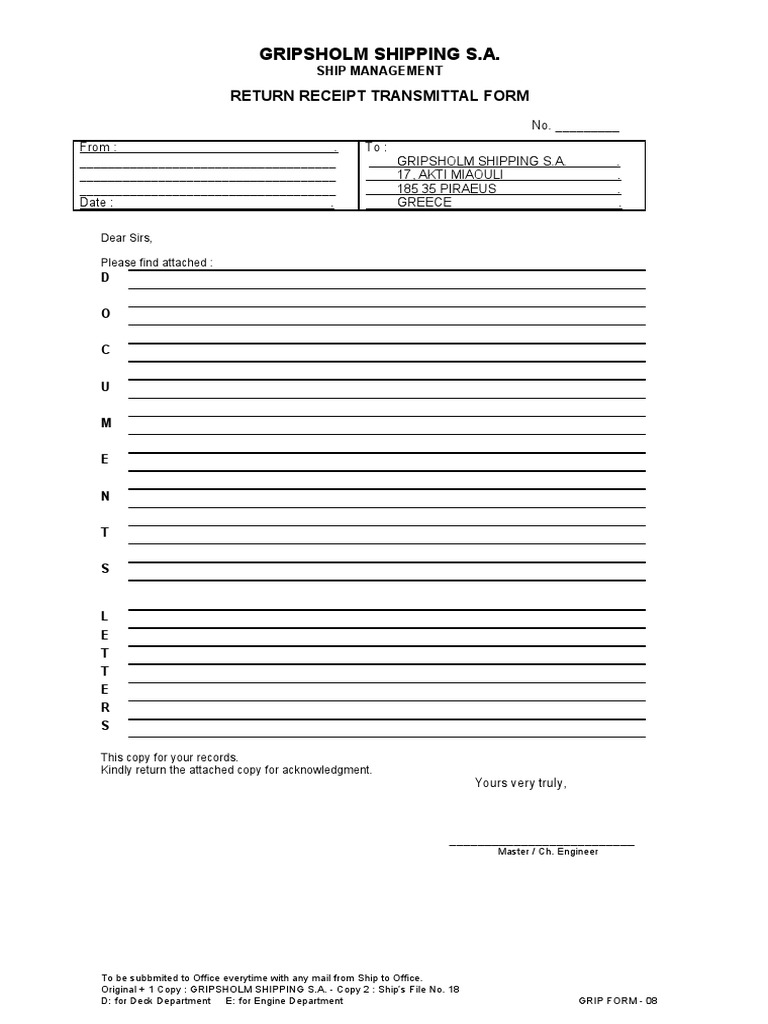 Gripsholm Shipping S.A.: Return Receipt Transmittal Form | PDF