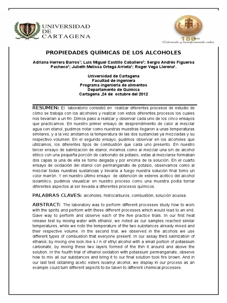 Propiedades Químicas de Los Alcoholes | PDF | Alcohol | Compuestos orgánicos