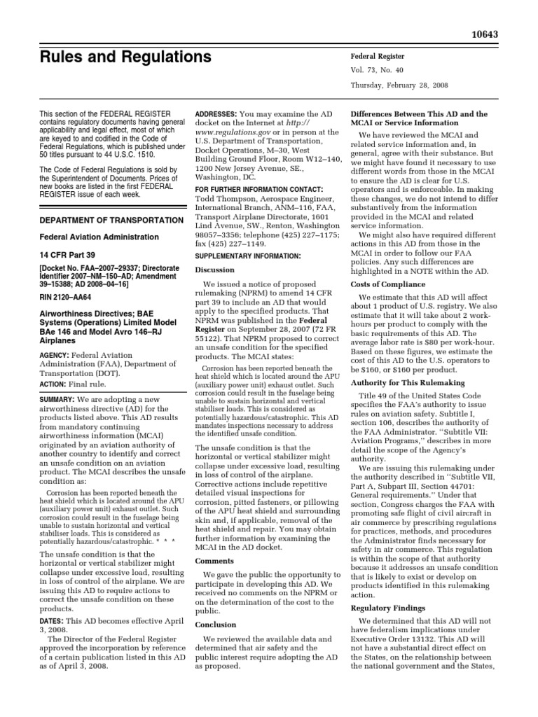 Rule: Airworthiness Directives: BAE Systems (Operations) Limited Model ...