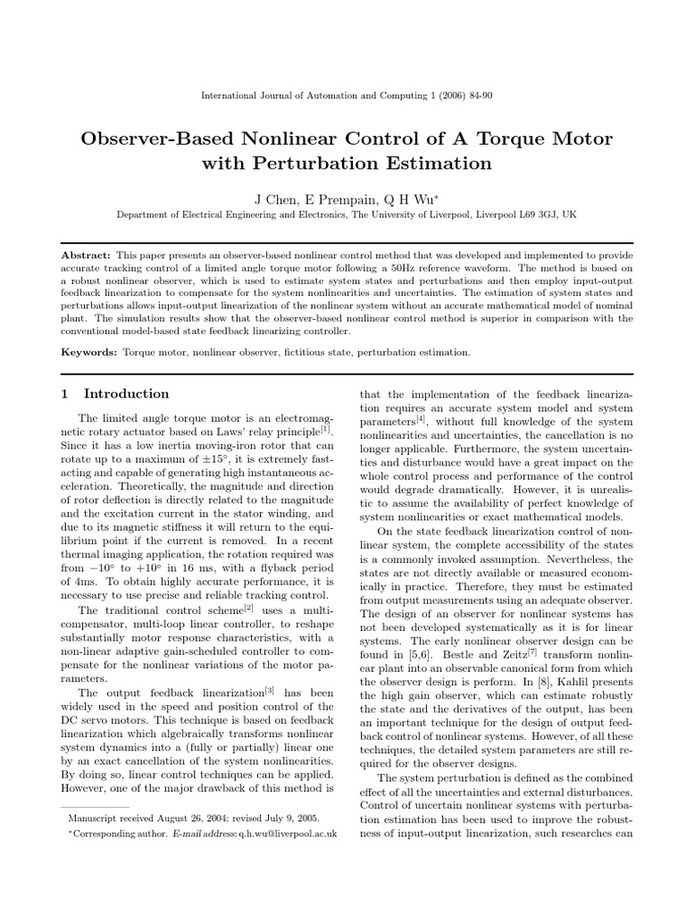Observer Based Nonlinear Control | PDF | Control Theory | Electric Motor