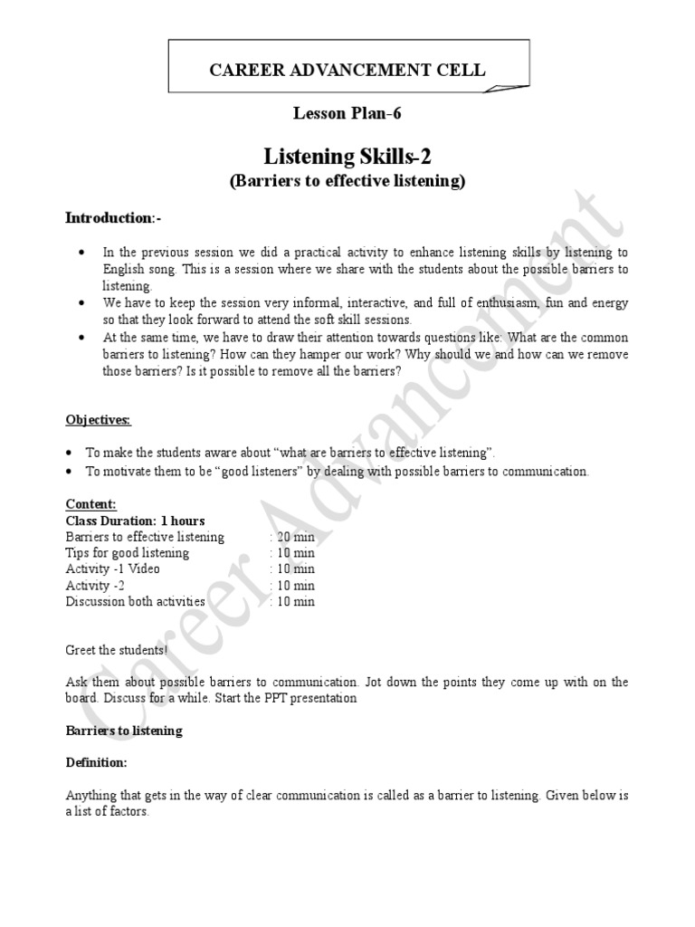 Lesson Plan Listening Skills-2 | PDF | Mind | Communication