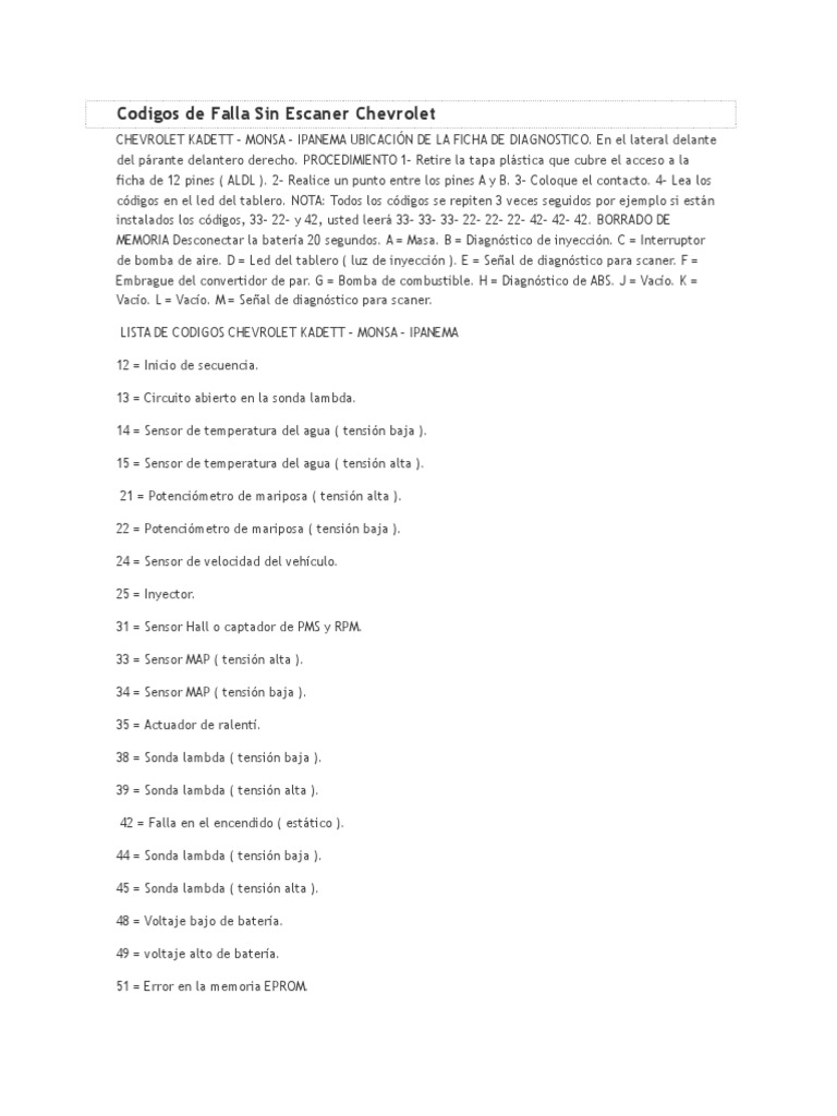 Codigos de Falla Sin Escaner Chevrolet | PDF | Motor de combustión ...