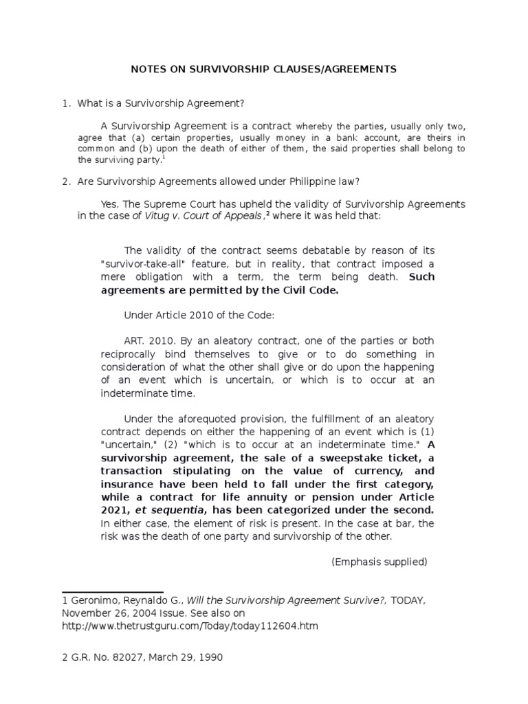 Notes On Survivorship Agreements | PDF | Concurrent Estate | Virtue