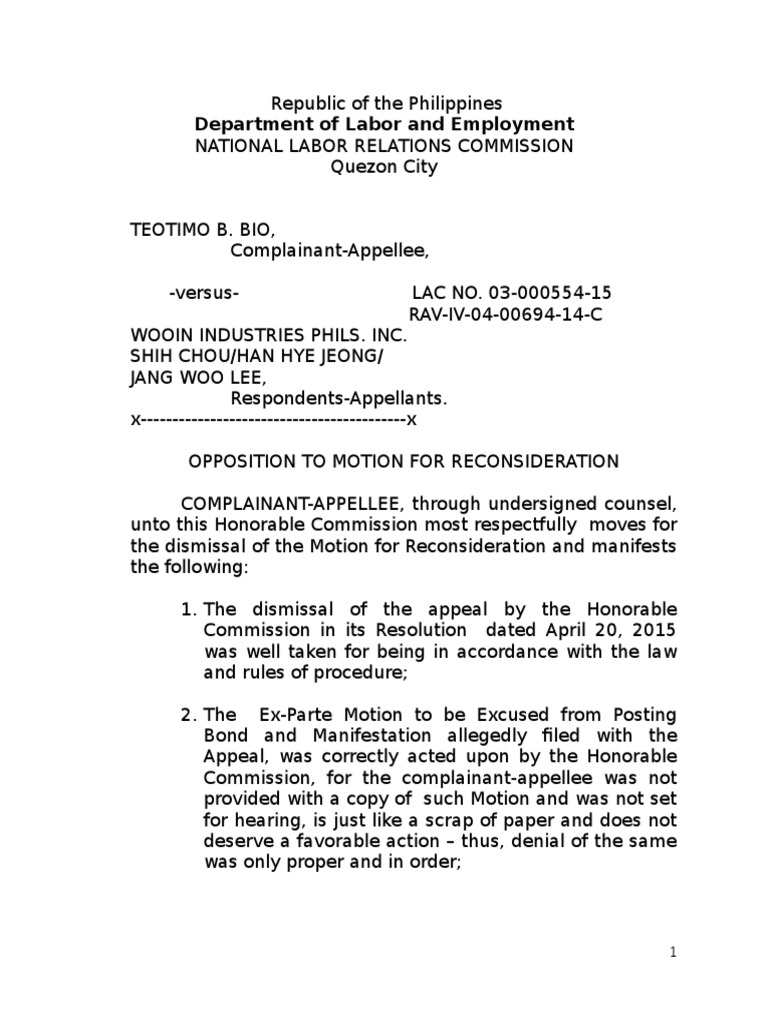 Opposition To Motion For Reconsideration-Bio Case NLRC | PDF | Public ...