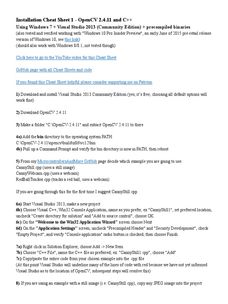 Installation Cheat Sheet 1 - OpenCV 2.4.11 and C++ | PDF | Microsoft ...