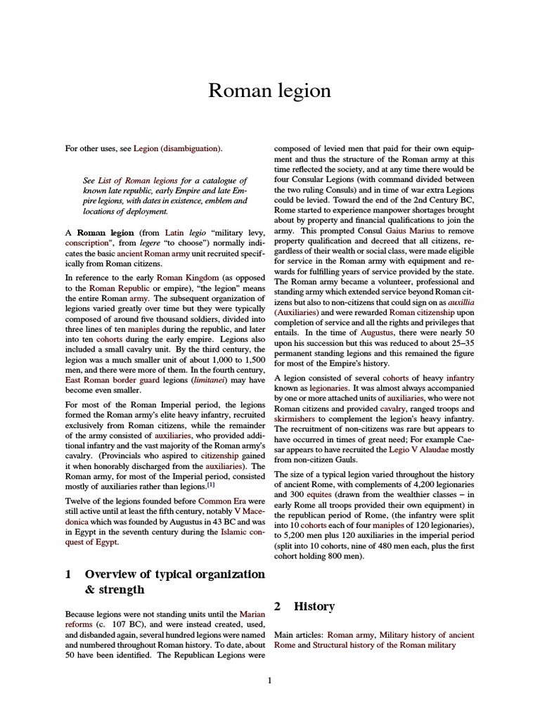 Roman Legion: 1 Overview of Typical Organization & Strength 2 History ...