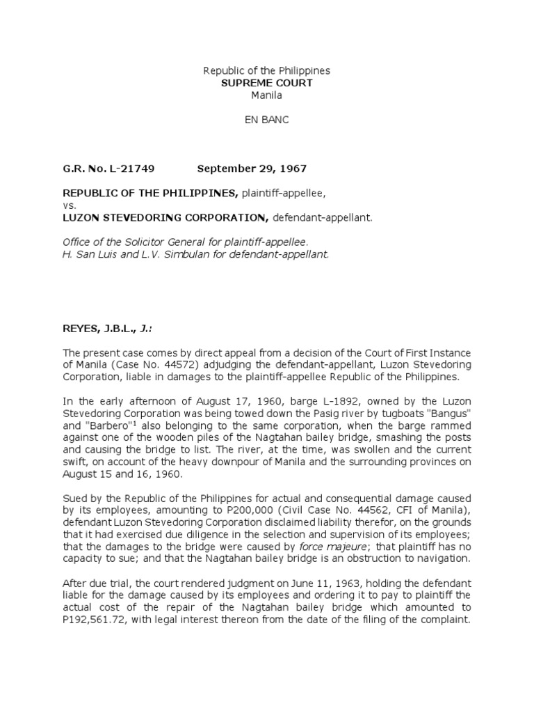 Supreme Court Ruling on Luzon Stevedoring Liability | PDF | Appeal ...