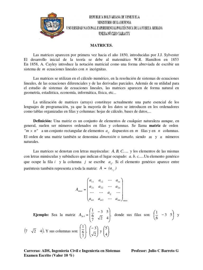 Matrices: historia, definición y operaciones básicas | PDF | Matriz (Matemáticas) | Espacio ...